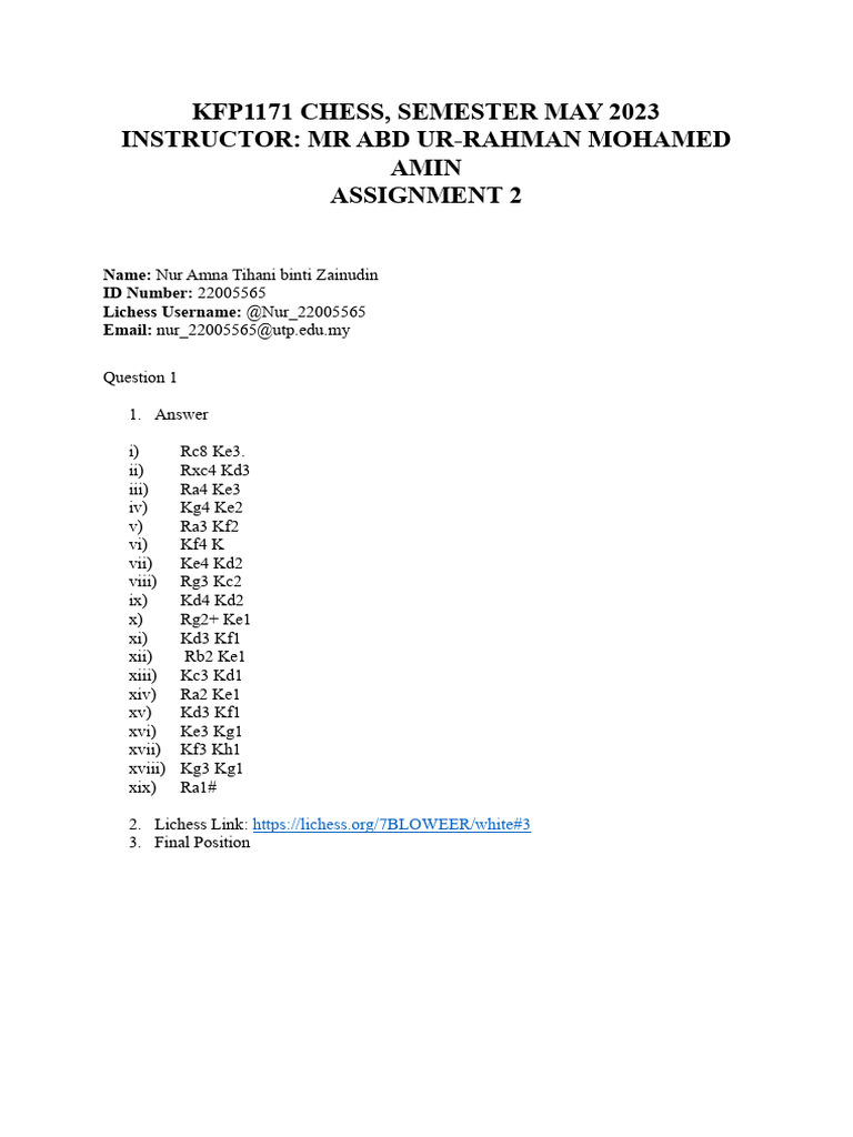 Assignment Chess - Amna Tihani 22005565 | PDF