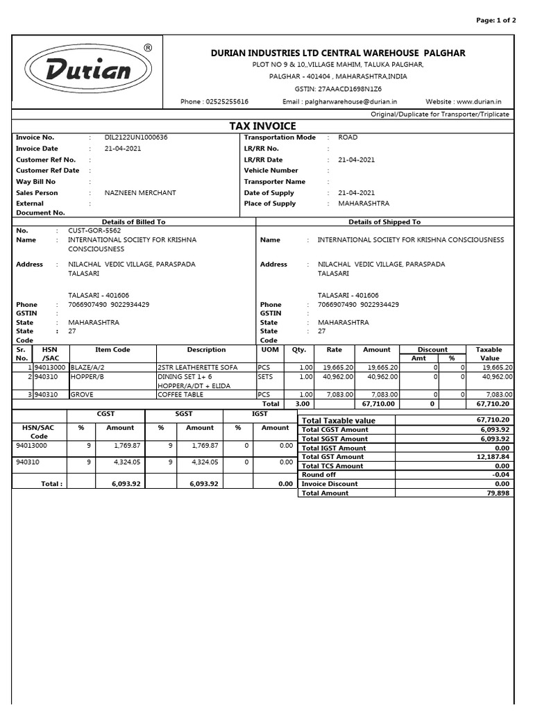 Tax Invoice: Durian Industries LTD Central Warehouse Palghar | PDF ...