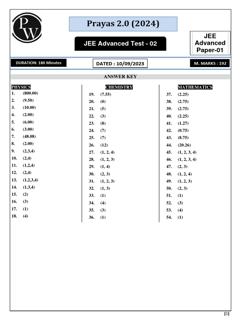 JEE Advanced Test 02 - (Hints & Solution of Paper 01) - Prayas JEE 2.0 ...