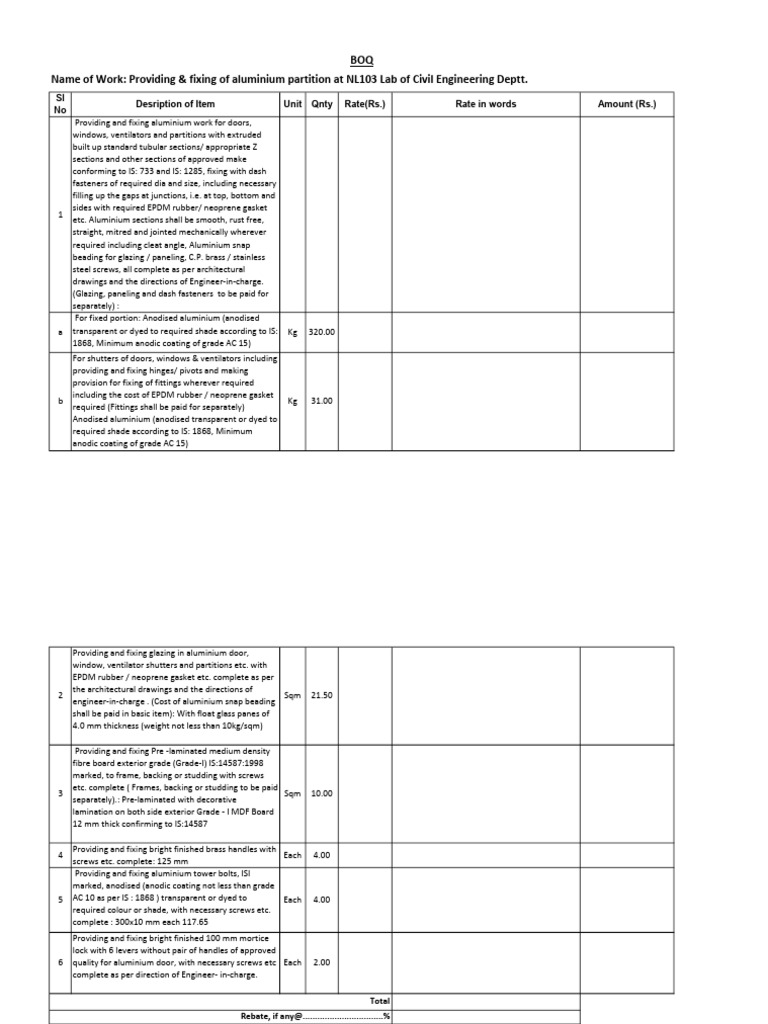 BOQ Name of Work: Providing & Fixing of Aluminium Partition at NL103 ...