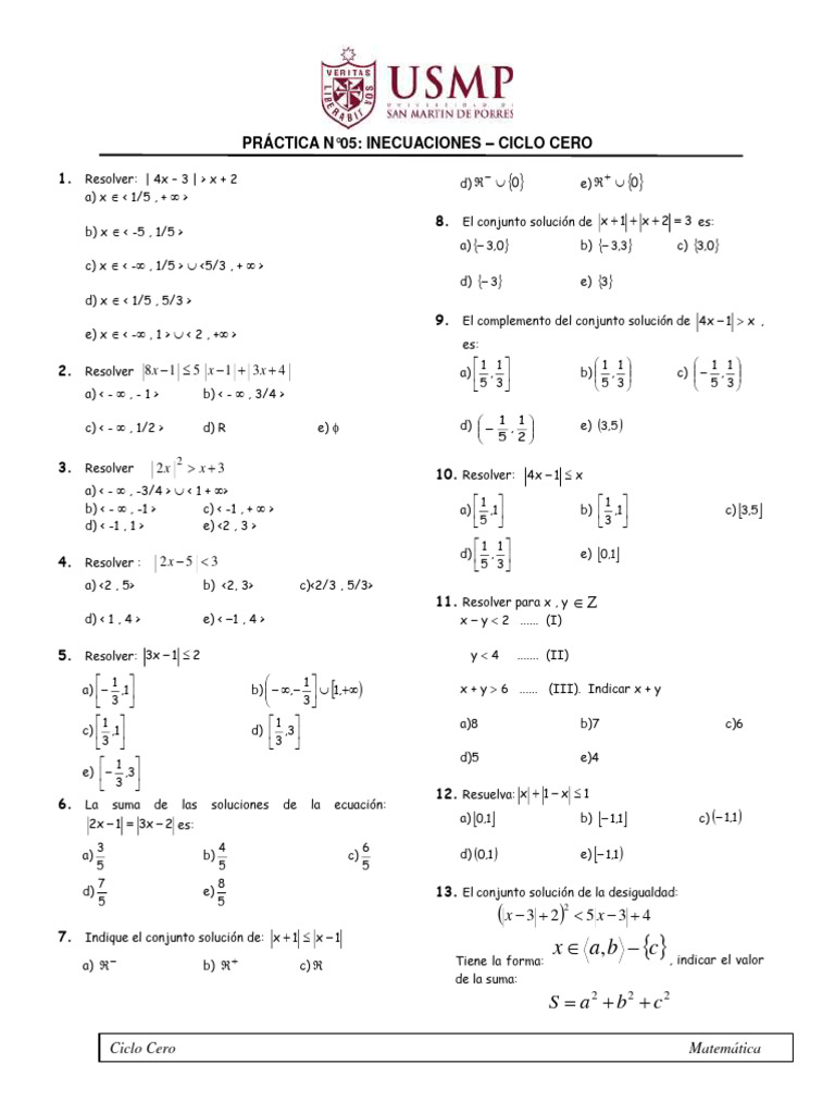 Práctica N°07 Sistemas de Inecuaciones Lineales y Valor Abosluto | Descargar gratis PDF ...