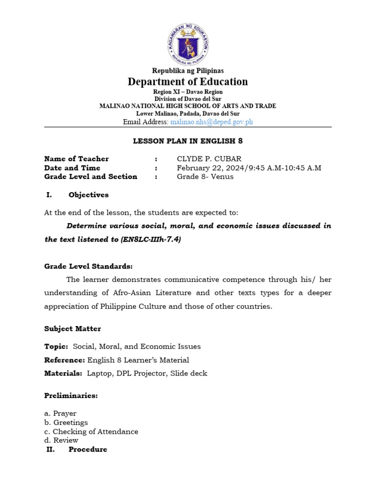 Eng 8 - Lesson Plan in Social, Moral, and Economic Issues | PDF