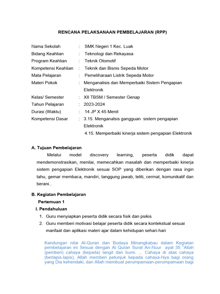 RPP KD. 3.15. Pemeliharaan Listrik Sepeda Motor Kelas XII TBSM Semester Genap | PDF | Sains ...