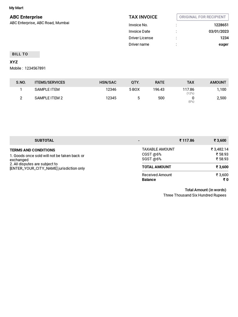 GST Invoice Bill Book Format | PDF