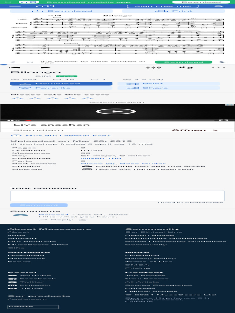 Bilongo Sheet Music For Piano, Bass Guitar (Mixed Trio) | PDF