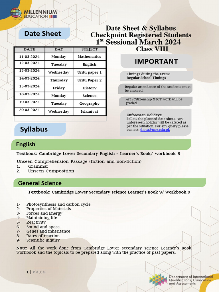 Grade 8 Date Sheet and Syllabus 1st Sessional March 2024 (Checkpoint ...