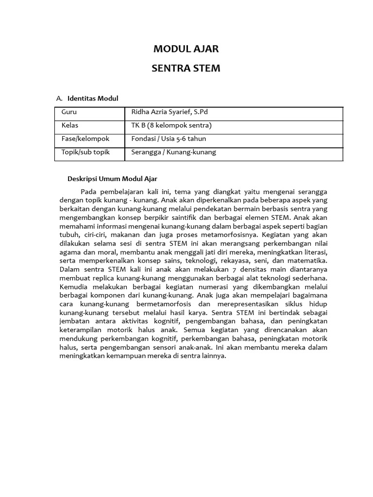 Modul Ajar Stem - Kunang2 (Sentra) | PDF