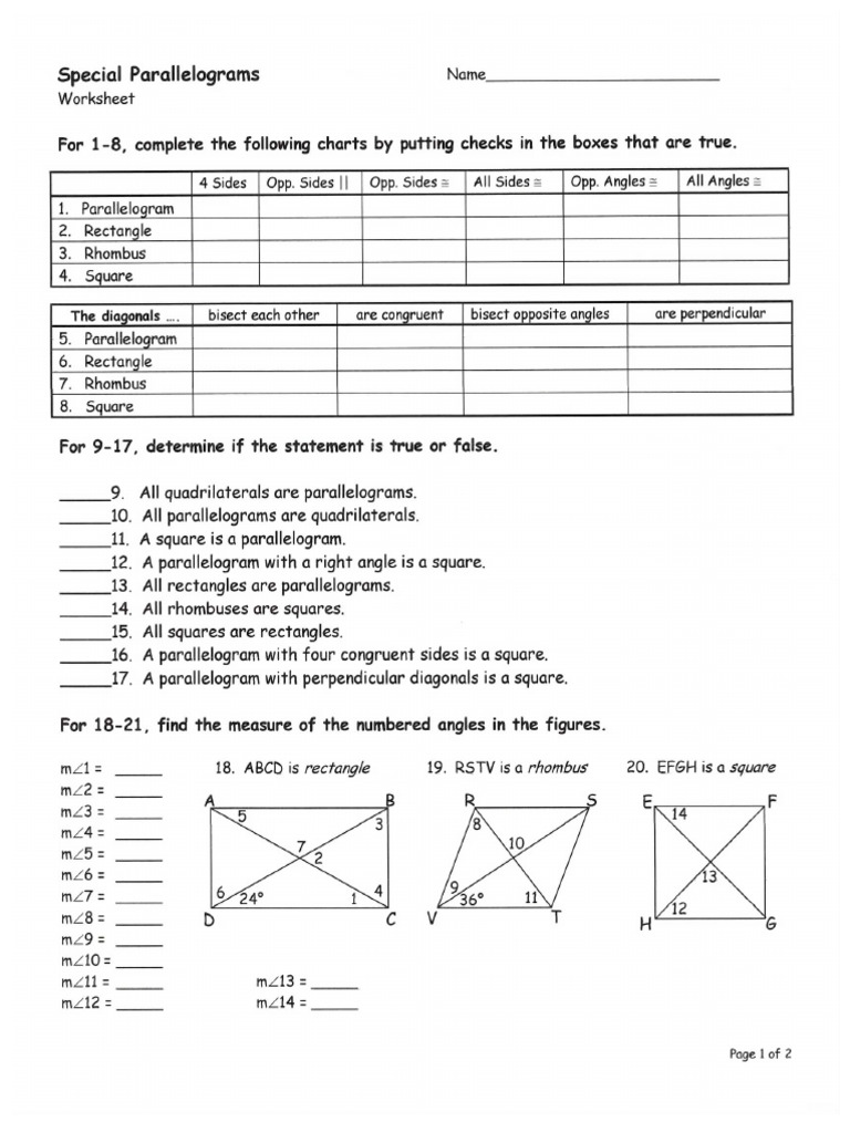 Special Parallelograms Worksheet | PDF