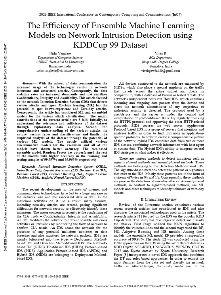 The Efficiency of Ensemble Machine Learning Models On Network Intrusion Detection Using KDDCup ...