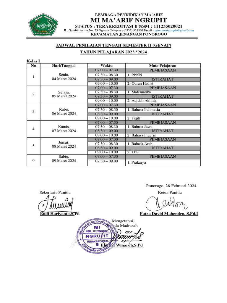 Jadwal PTS Smster Genap 2023 - 2024-1 | PDF
