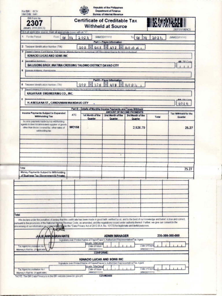 BIR Form # 2307 of Ignacio Lucas and Sons Inc. (P.O # 20415) | PDF
