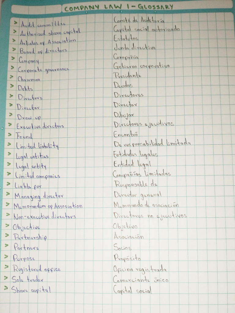 Company Law I - Glossary | PDF