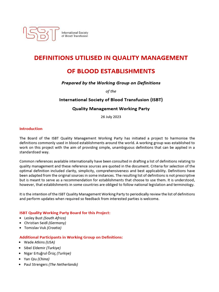 ISBT WP QM Working Group On Definitions Final 23-07-26 | PDF