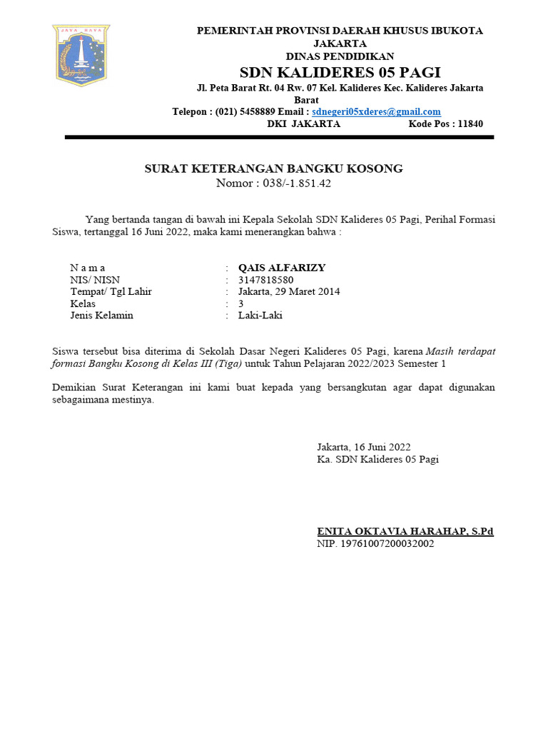 Surat Keterangan Bangku Kosong | PDF