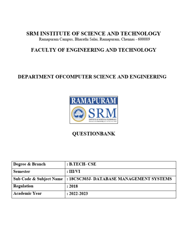 DBMS Unit 1 - Question Bank | PDF
