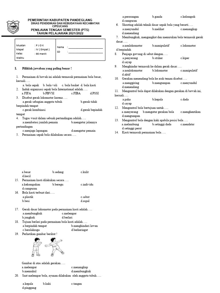 Soal PTS PJOK Kelas 4 Semester 1 | PDF