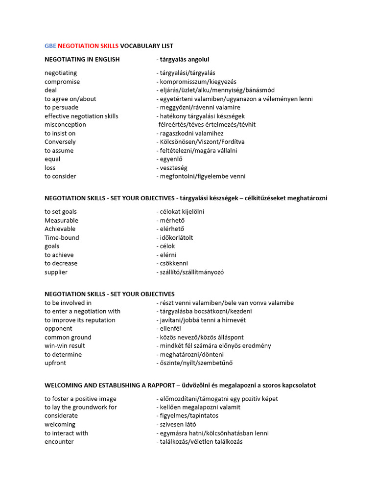 Gbe Negotiation Skills Vocabulary List Másolata | PDF