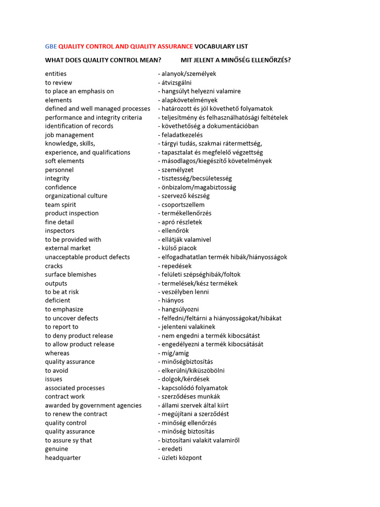 Gbe Quality Control and Quality Assurance Vocabulary List Másolata | PDF