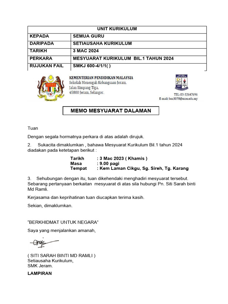 Memo Mesyuarat Kurikulum Bil 1 2024 | PDF