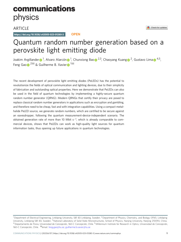 Quantum Random Number Generation Based On A Perovskite Light Emitting ...