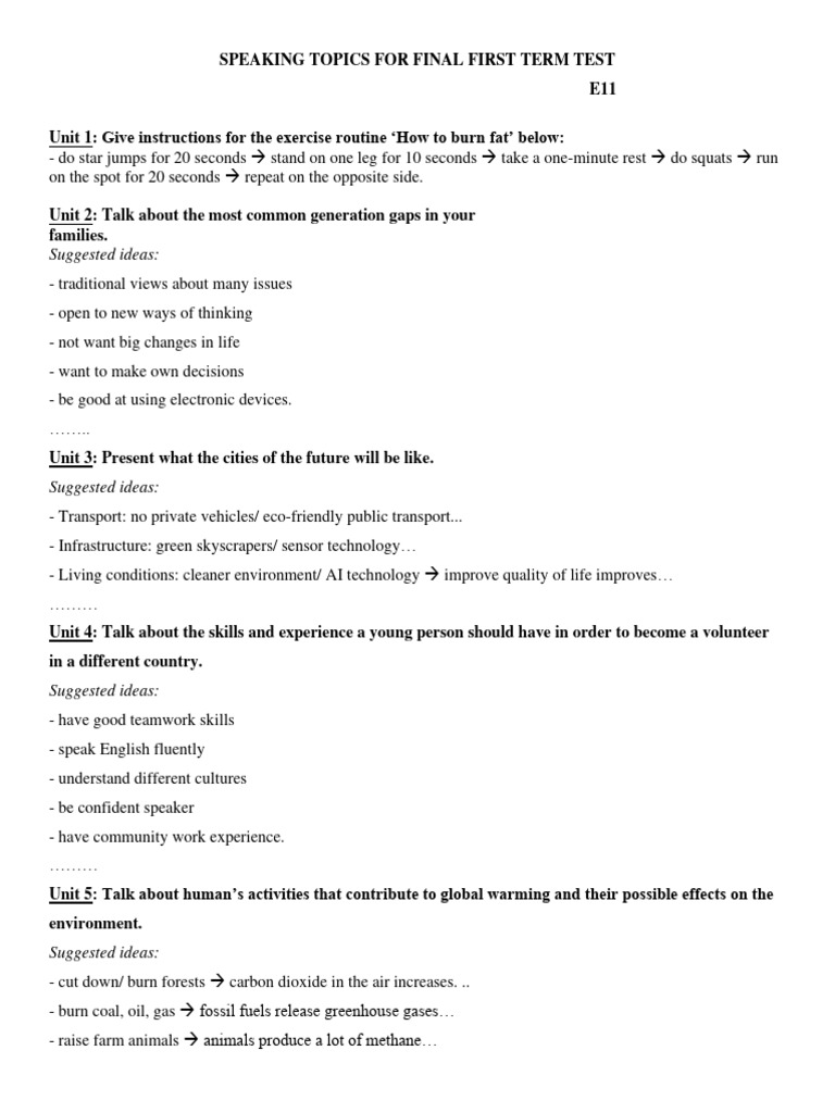 Speaking Writing Topics For Final First Term Test | PDF