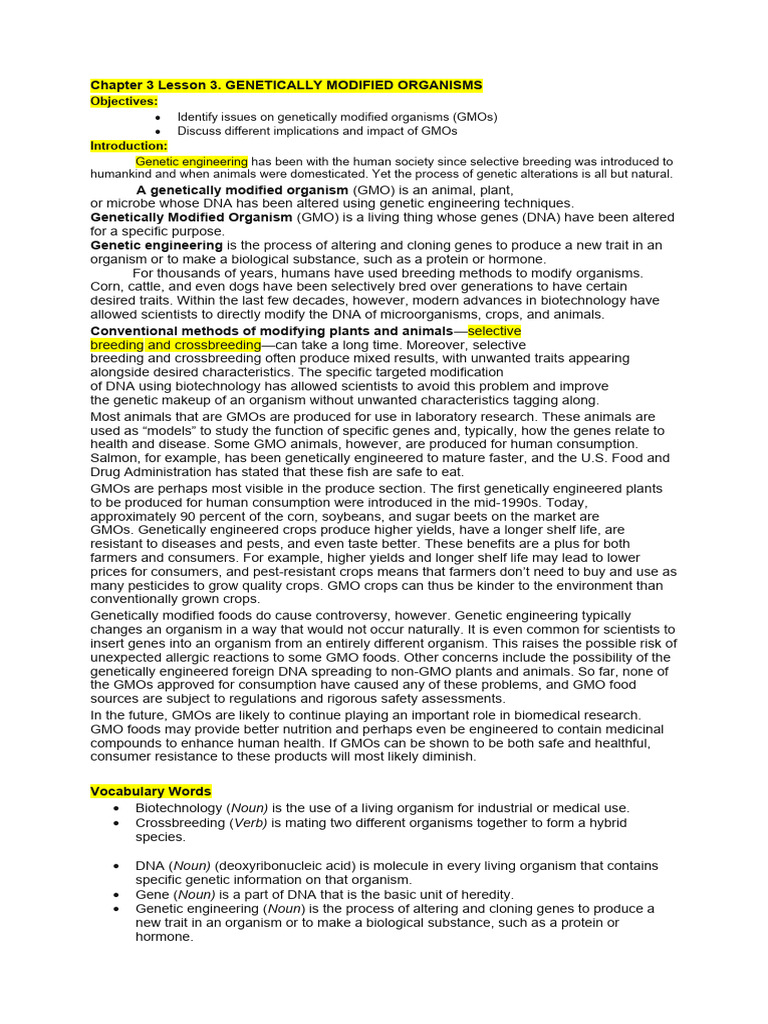 CHAPTER 3 LESSON 3 GMOs 2 | PDF | Genetically Modified Organism ...