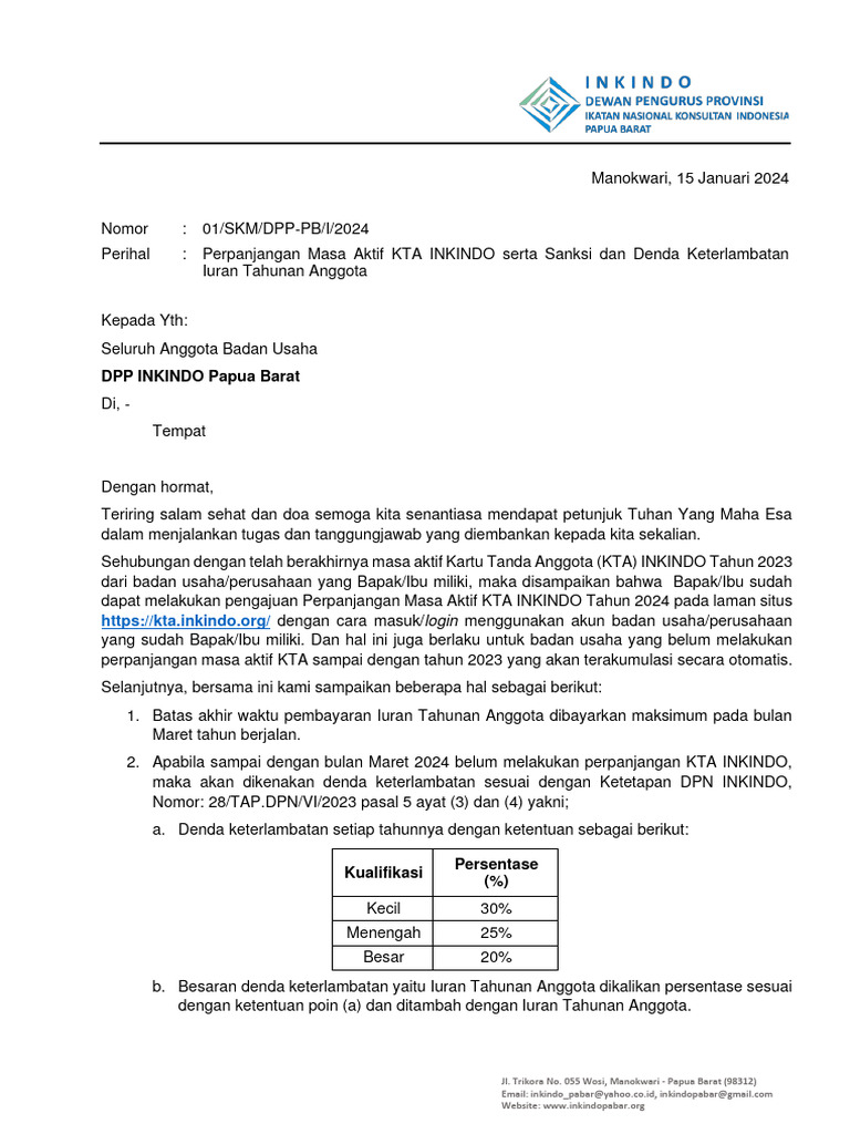 Surat Keluar No 01 INKINDO Papua Barat 15 Jan 2024 Perpanjangan KTA ...