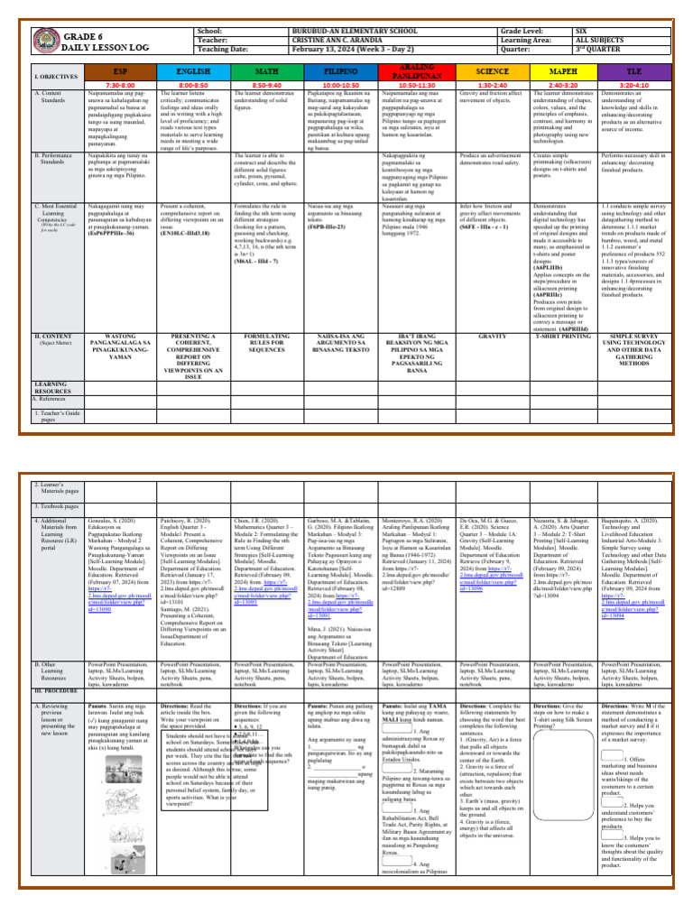 Grade 6 DLP Q3 W3D2 | PDF | Learning