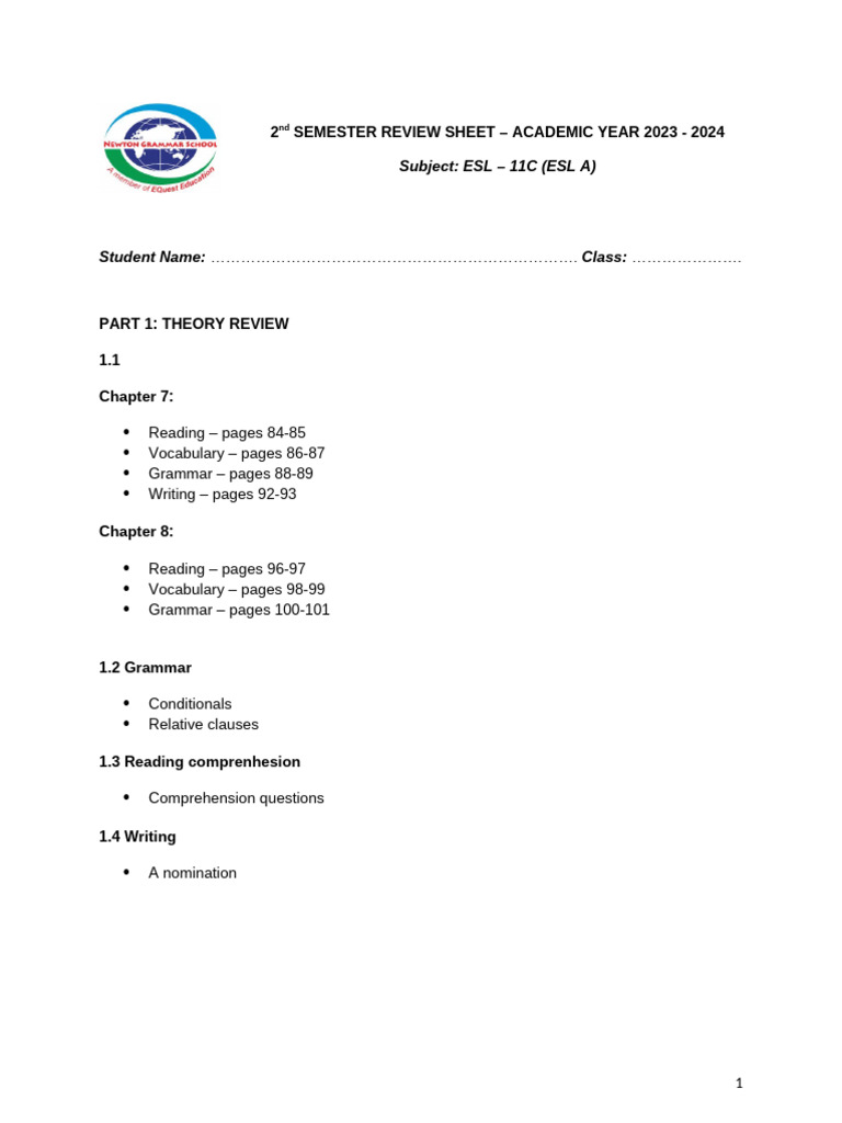 Esl 11c Review Sheet m2 23-24 | PDF