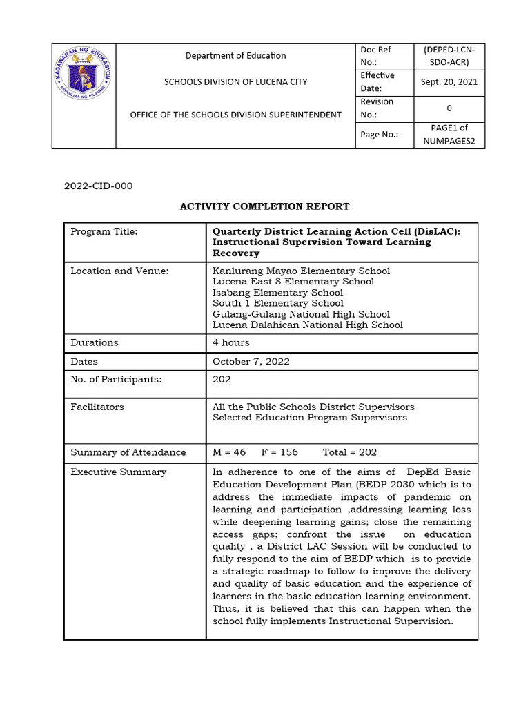 3rd DISLAC - ACTIVITY-COMPLETION-REPORT | PDF | Learning | Teachers