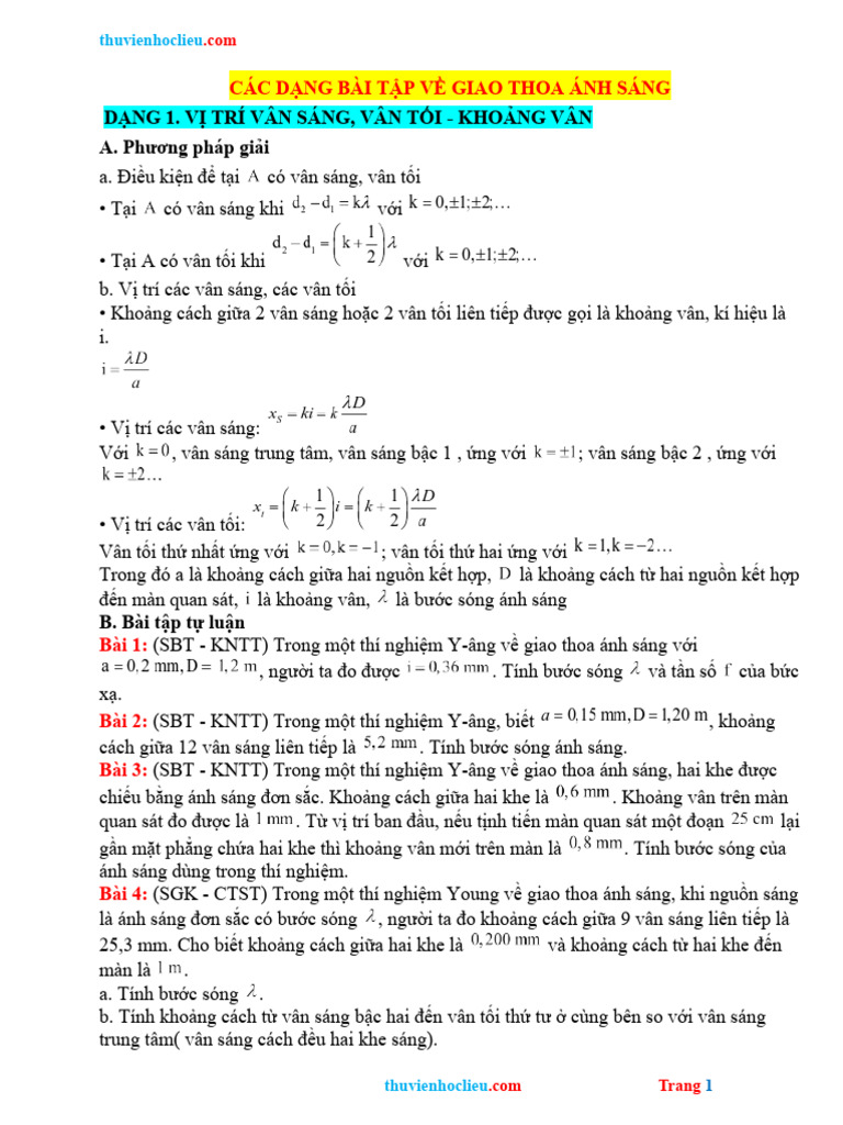 Cac Dang Bai Tap Ve Giao Thoa Anh Sang Hay | PDF