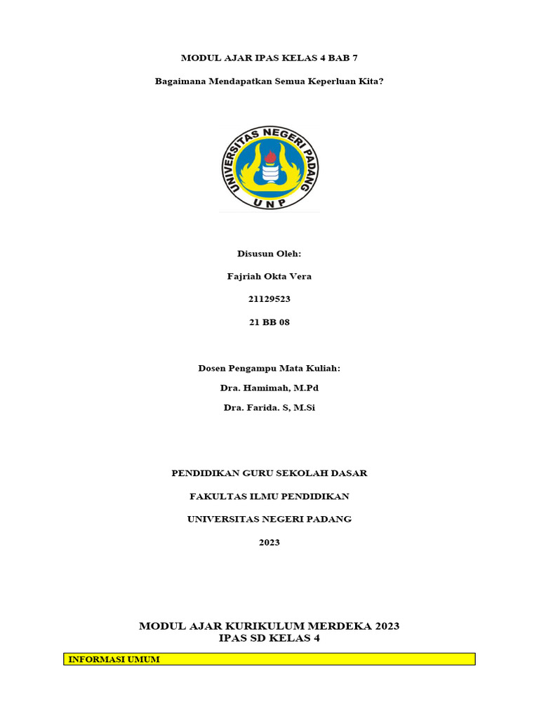 21129523-Fajriah Okta Vera-Modul Ajar IPAS BAB 7 KELAS 4 | PDF