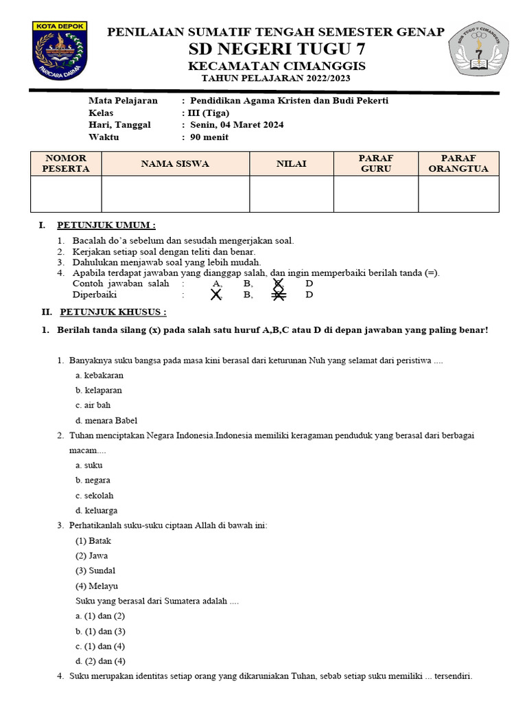 Soal PTS Genap Agama Kristen Kls 3 2023-2024 | PDF
