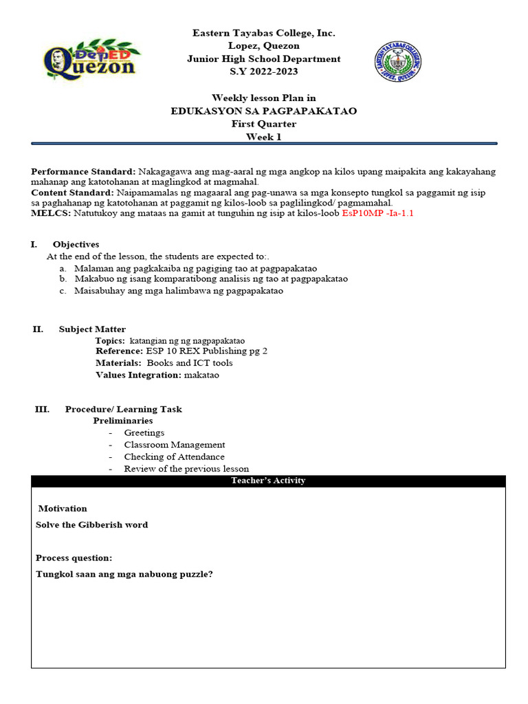 ESP 10 LP Week 1-2 | PDF