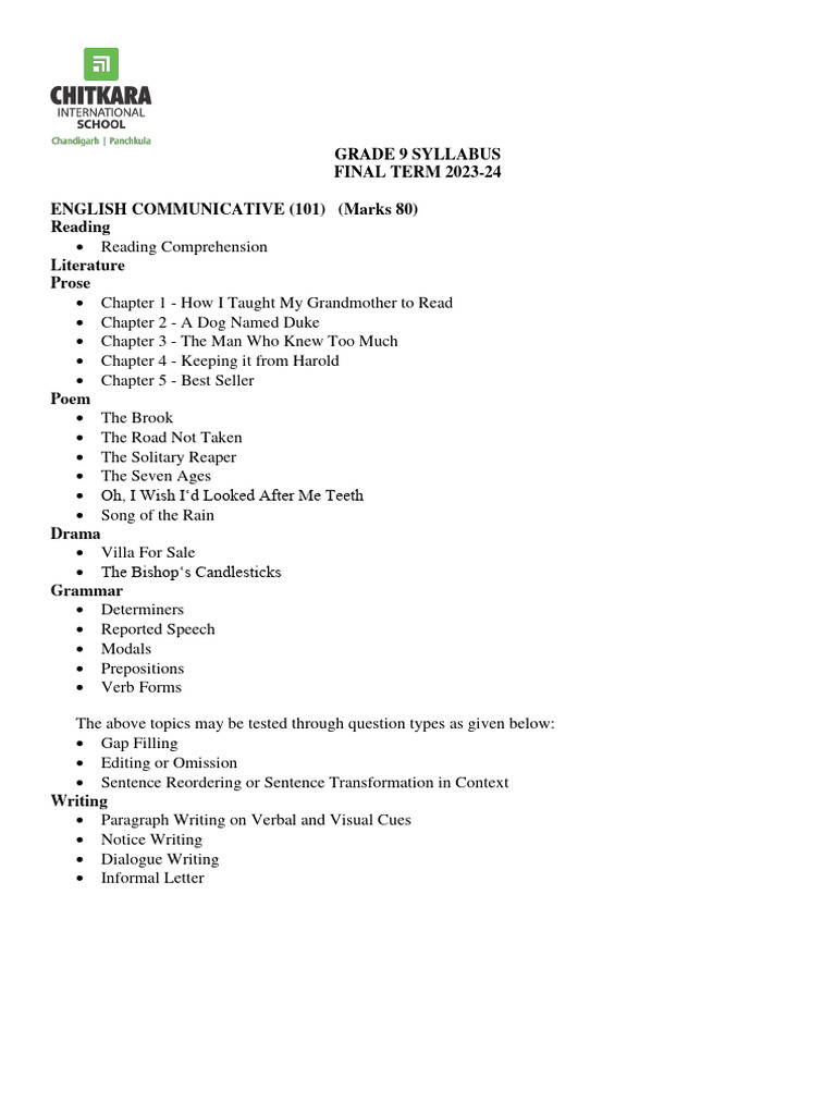 Circular 20240206160854 Final Term Syllabus For Grade 9 Session 2023-24 | PDF