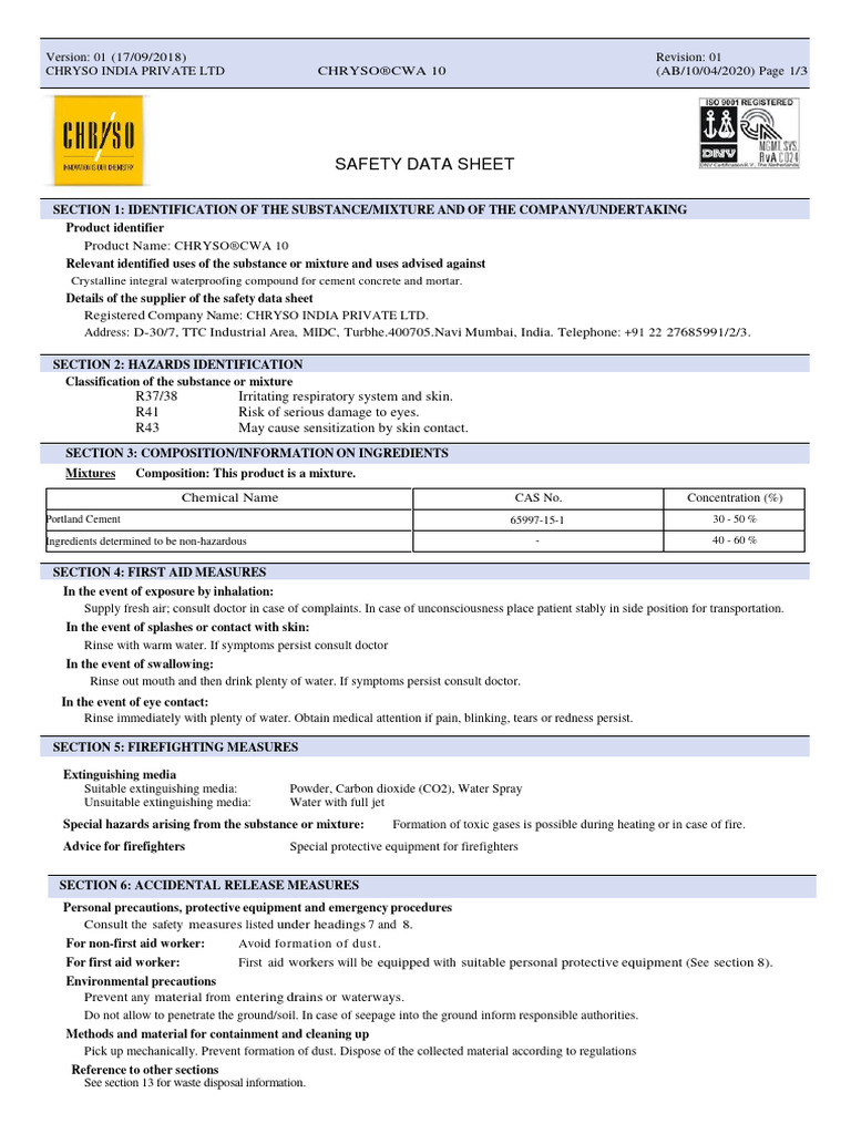 Safety Data Sheet Chryso Cwa 10 - 6039 - 3540 | PDF | Personal ...