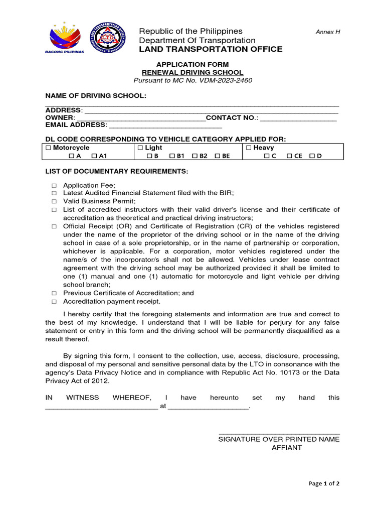 Driving School Renewal Application Form | PDF | Driver's License