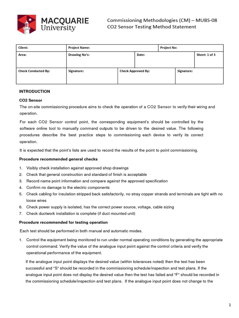 Co2 Sensor Testing Method Statement Pdf Duct Flow Power Supply
