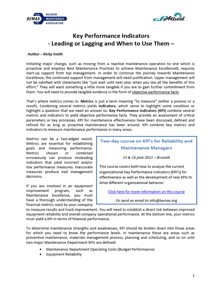 KPI Leading or Lagging and When To Use Them | PDF | Performance Indicator | Reliability Engineering