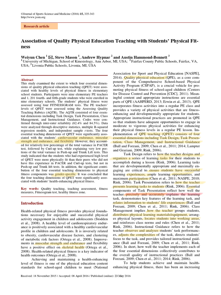 Association of Quality Physical Education Teaching With Students ...