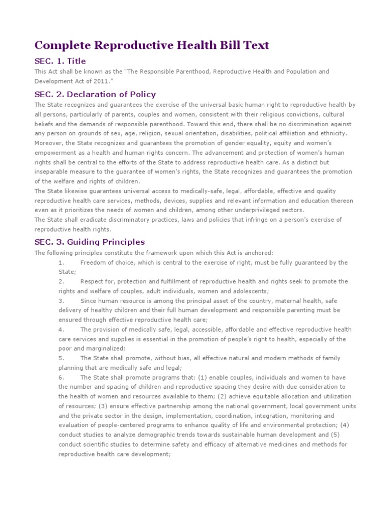 Reproductive Health Bill Overview | PDF | Reproductive Health | Family ...