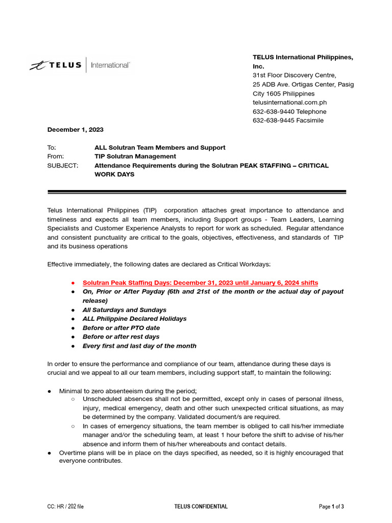 Solutran Critical Work Day Memo December 2023 and January 2024 | PDF ...