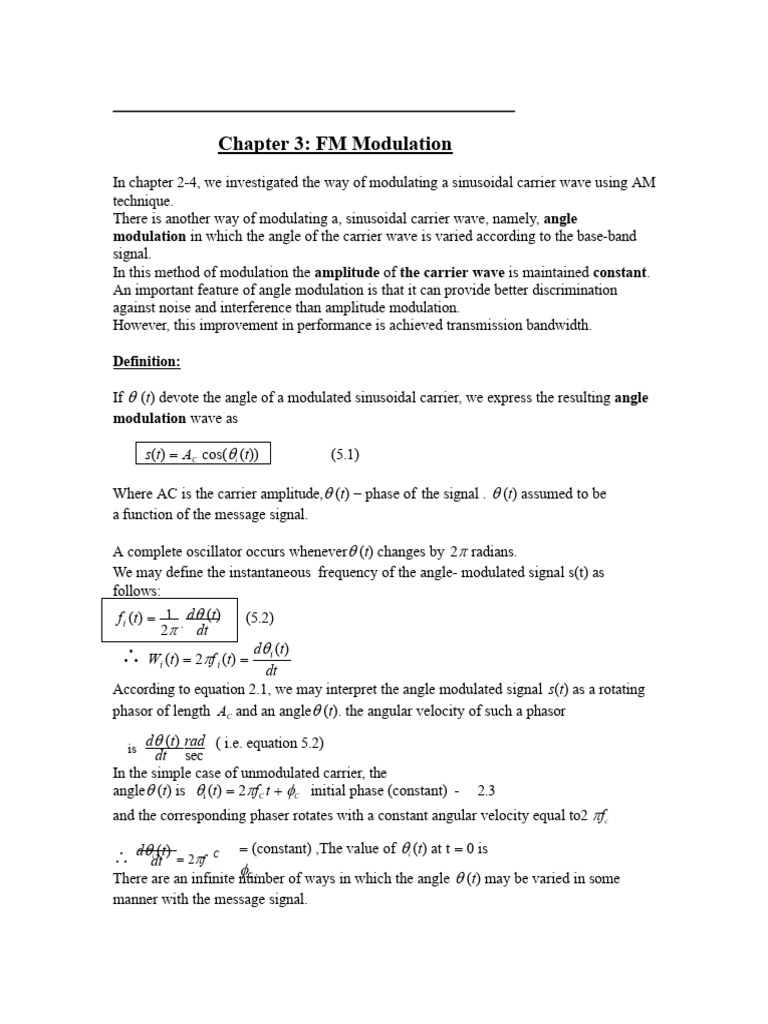 Chapter 3: FM Modulation: Modulation in Which The Angle of The Carrier Wave Is Varied According ...