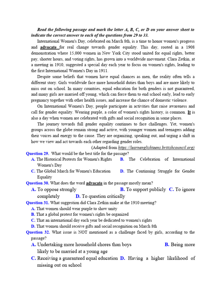 Read The Following Passage and Mark The Letter A, B, C, or D On Your Answer Sheet To Indicate ...