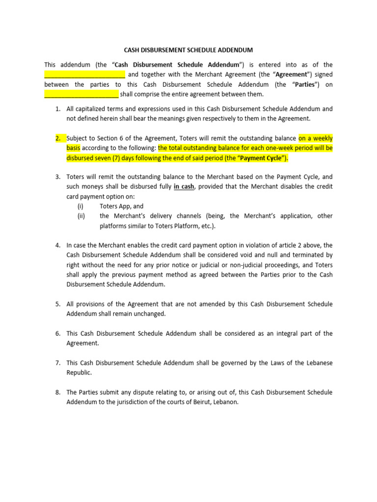 Cash Payment Addendum (+ Disbursement Schedule) | PDF