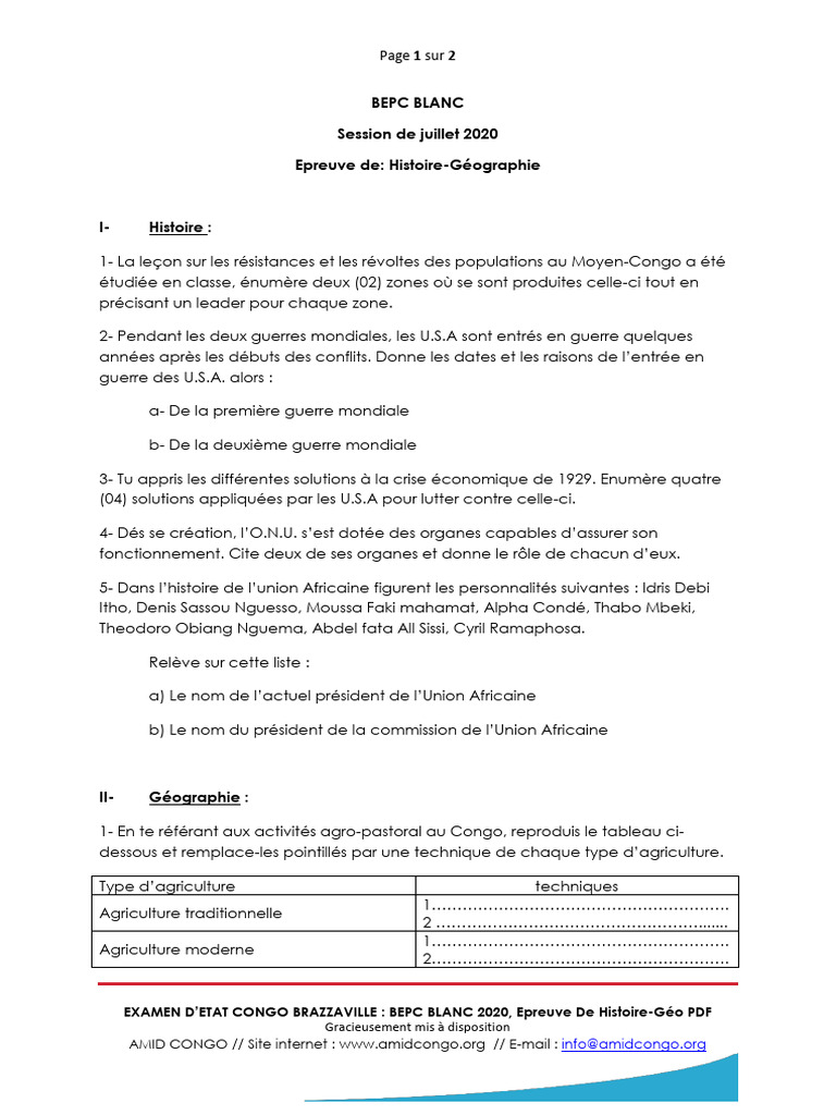 Sujet Du Bepc Blanc 2020 Epreuve de Histoire Geo | PDF