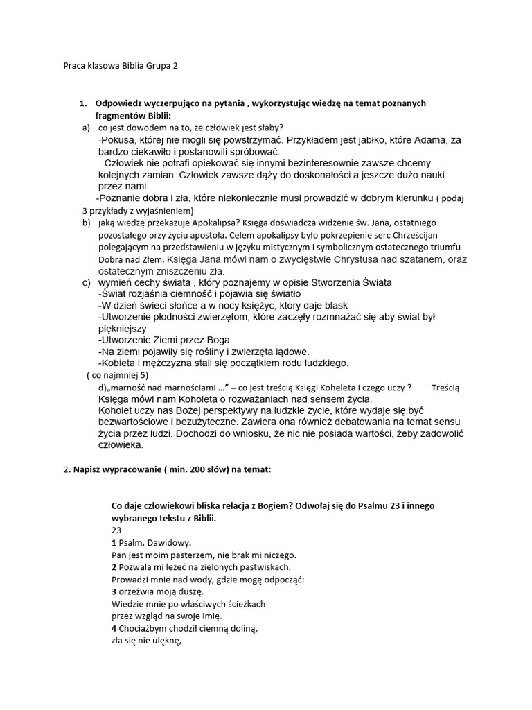Praca Klasowa Biblia Grupa 2 | PDF