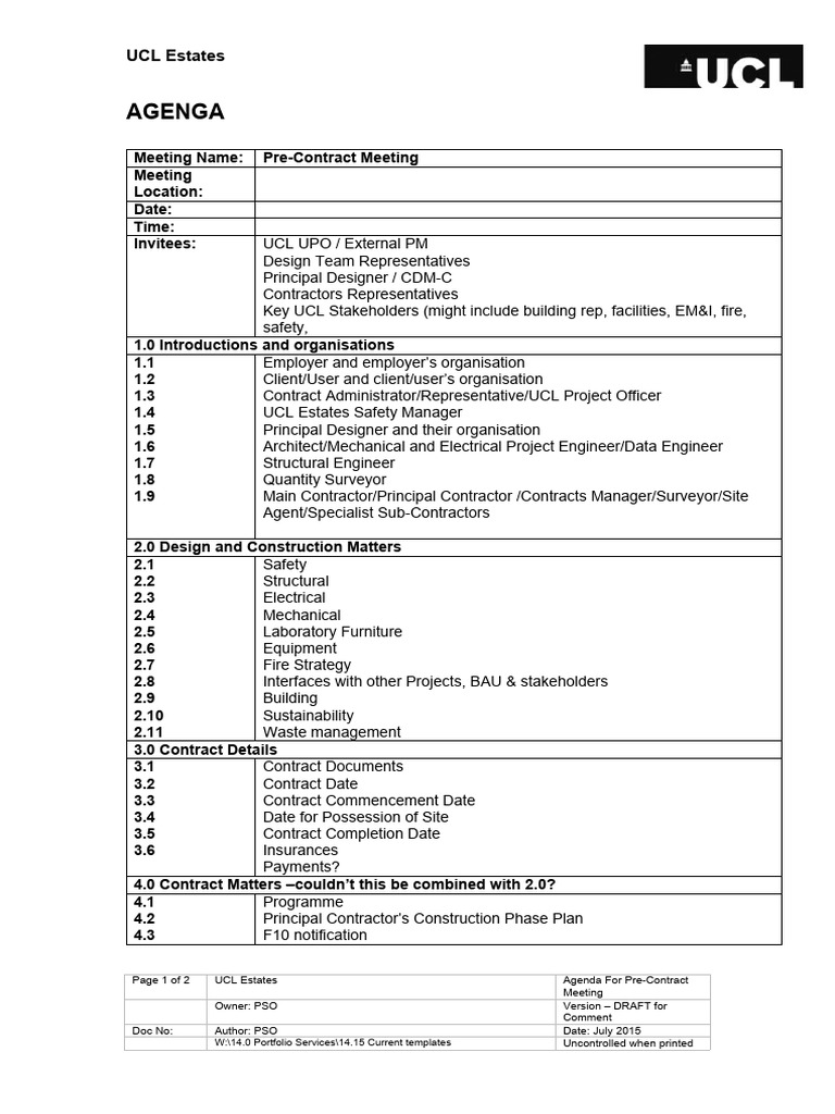 Agenda For Pre-Contract Meeting Template 0 | PDF
