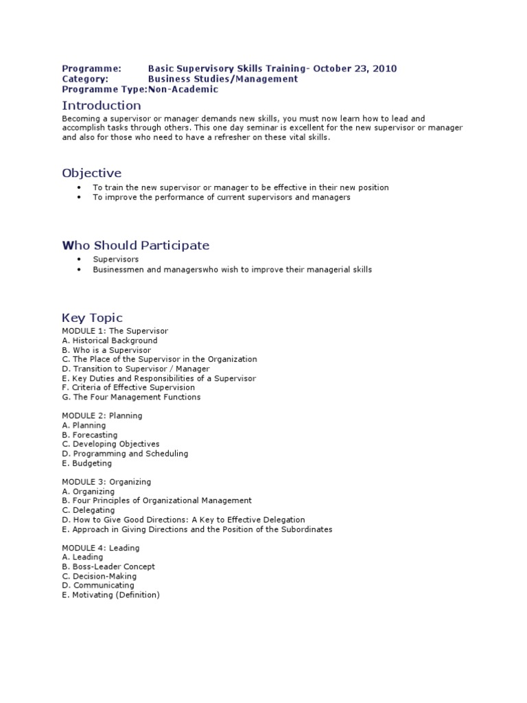 Basic Supervisory Skills Seminar 2010 | PDF | Career & Growth