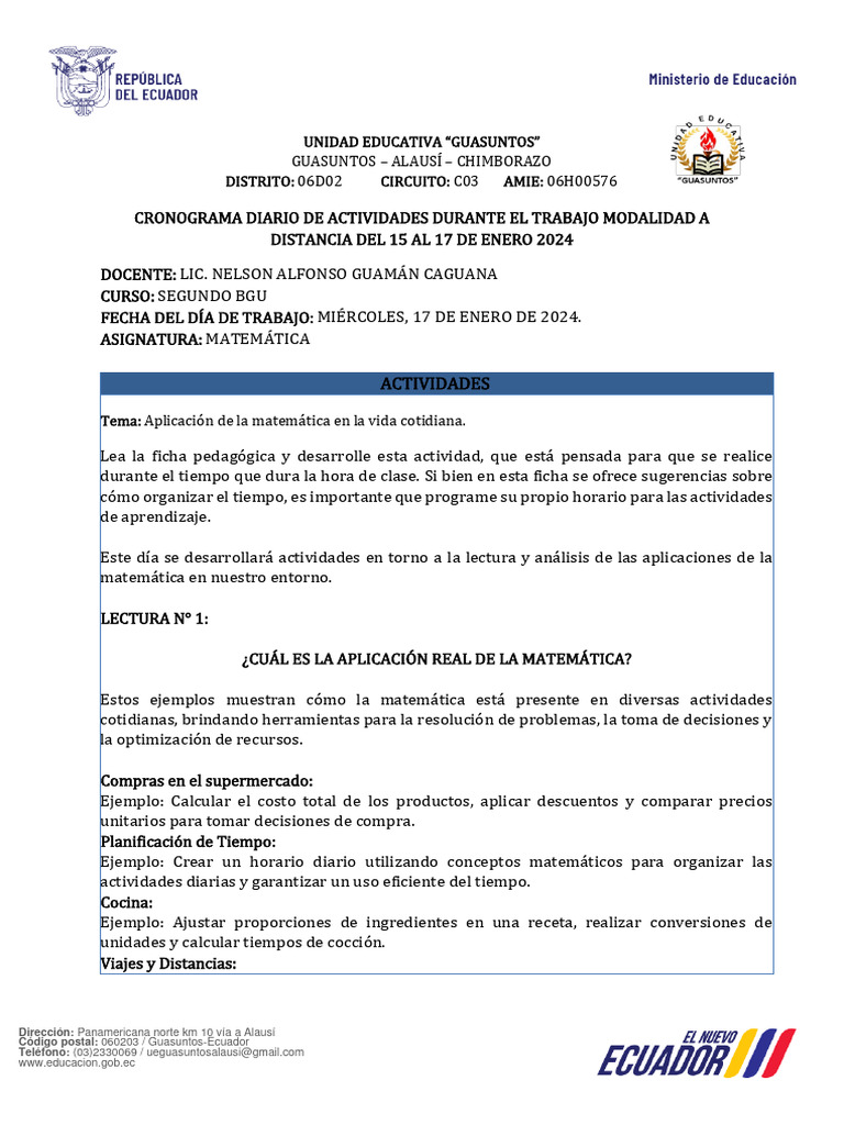 2do Bgu-Mat-Ficha Pedagógica (17 - 01 - 2024) | PDF | Crecimiento personal y profesional | Arte